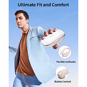 PocBuds Bluetooth Headphones Wireless Earbuds 80hrs Playtime Wireless Charging Case Digital Display Sport Ear buds with Earhook Deep Bass IPX7 Waterproof Over-Ear Earphones for Phone Laptop Pearl Gray