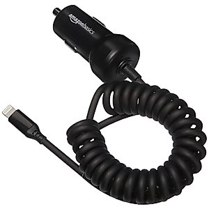 Amazon Basics 12W (5V, 2.4A) Car Charger with Lightning Cable (Straight) for iPhone and Apple Devices, 3 ft, Black/Red