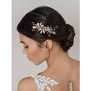SWEETV Light Rose Gold Wedding Hair Comb Clip,Handmade Bridal Hair Accessories for Women Wedding