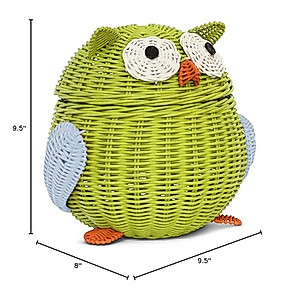 G6 COLLECTION Owl Rattan Storage Basket With Lid Decorative Bin Home Decor Hand Woven Shelf Organizer Cute Handmade Handcrafted Nursery Gift Animal Decoration Artwork Wicker Hoot Owl (Large, Green)