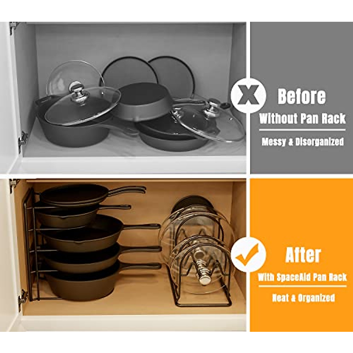SpaceAid Heavy Duty Pan Organizer Rack for Cabinet, Pot Lid Holder, Kitchen Organization & Storage for Cast Iron Skillet, Bakeware, Cutting Board - No Assembly Required (2 pack)