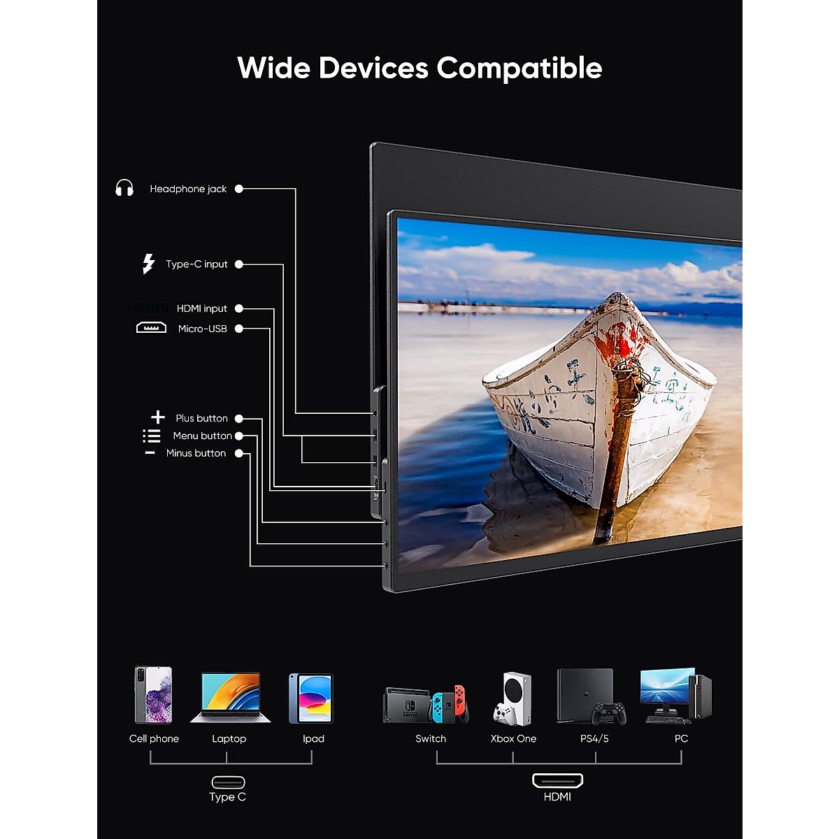 2.5K Portable Monitor for Laptop16 Inch 2560 * 1600 100% sRGB Comupter Gaming Display with HDR USB C HDMI, Ideal for Travel, Second, Extend Screen