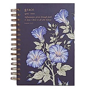 Christian Art Gifts Journal w/Scripture Grace Romans 3:22 Bible Verse Blue Floral 192 Ruled Pages, Large Hardcover Notebook, Wire Bound