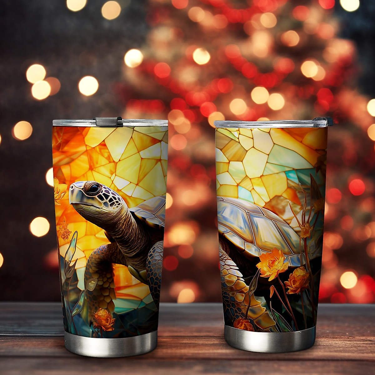20oz Orange Stained Glass Flower Sea Turtle Tumbler, Gifts for Turtle Lovers, Ocean, Beach Gifts, Coffee Thermos for Women, Stainless Steel Double Wall Vacuum Insulated Coffee Mug, Travel Cup with Lid