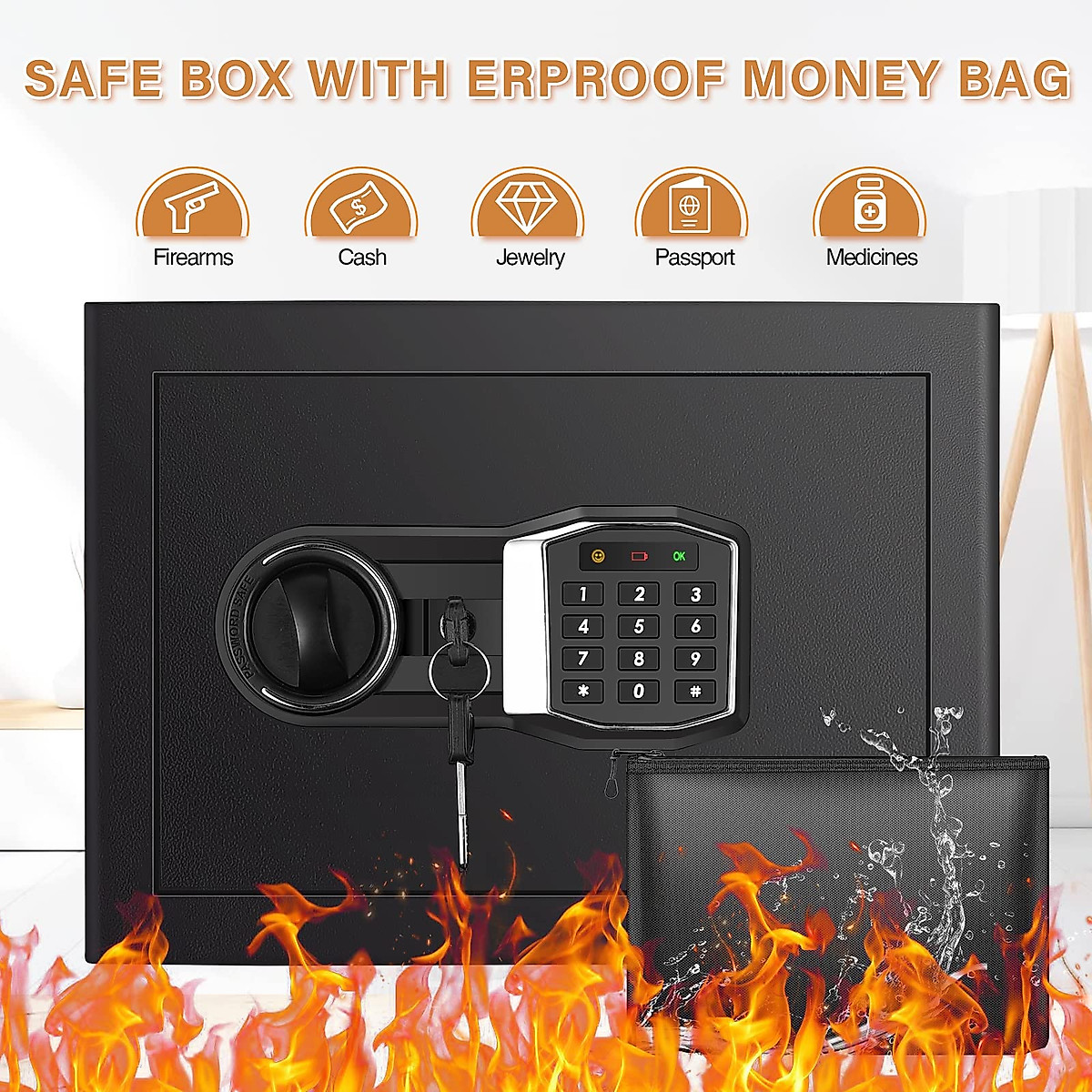 4.0 Cuft Large Home Safe Fireproof Waterproof, Anti-theft Fireproof Safe with Fireproof Bag, Programmable Keypad and Spare Keys, Digital Security Home Safe for Documents Firearm Money Valuables