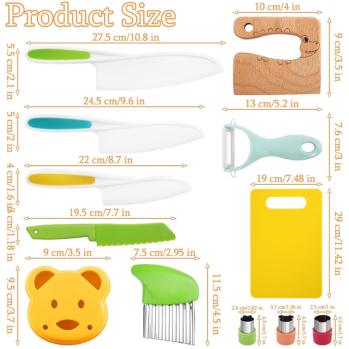 VERTGB 12 Pcs Kids Knife Set,Wooden Kids Kitchen Knife,Kids Knives for Real Cooking,Plastic Kids Knife with Cutting Board,Serrated Edges Toddler Knife,Potato Slicer,Y Peeler,DIY Mold