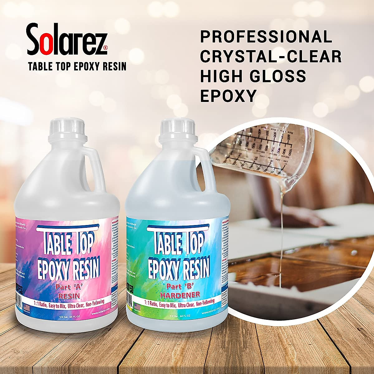 Solarez Crystal Clear Table-Top Epoxy Resin ~ One Gallon Kit ~ Two Part Pro Epoxy Resin & Hardener ~ DIY Kit for Wood, Counter Top, Bar Top, Tile & Resin Art ~ High Gloss Commercial Epoxy