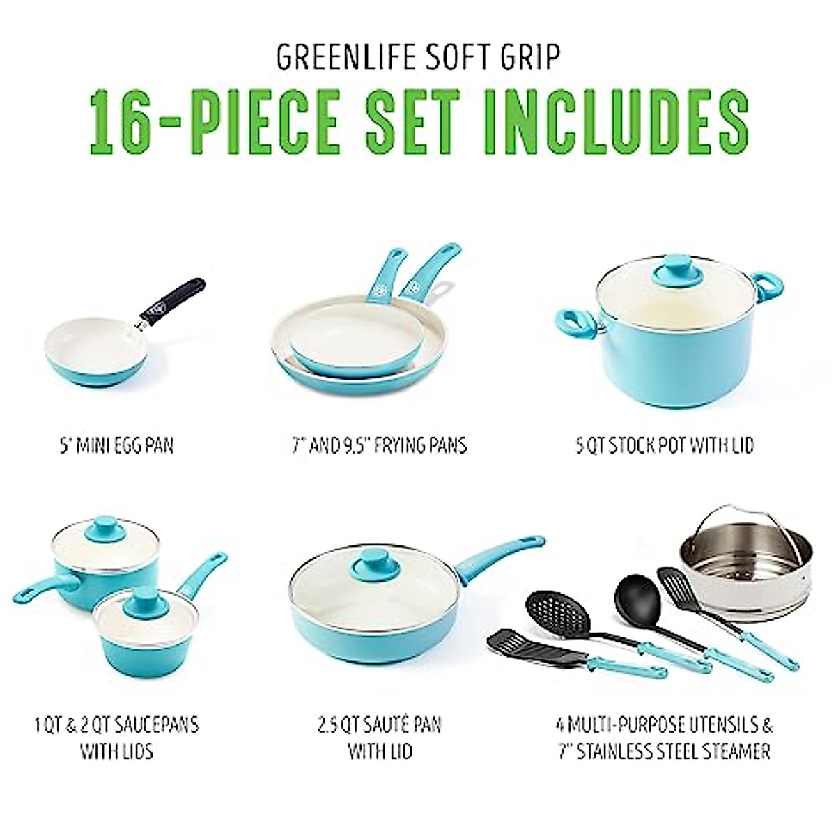 GreenLife Soft Grip Healthy Ceramic Nonstick 16 Piece Kitchen Cookware Pots and Frying Sauce Pans Set, PFAS-Free, Dishwasher Safe, Caribbean Blue