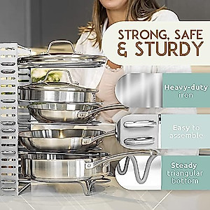 GeekDigg Pot Rack Organizer, Adjustable Height and Position Pots and Pan Rack, Kitchen Counter and Cabinet Pan Organizer Shelf Rack/Pot Lid Holder with 3 DIY Methods - Silver