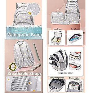 ZHANAO Daisy-Print School Backpack Set with Lunch Kits Bookbag for Teenager Girls 3pcs Gradient SchoolBag for Primary Student