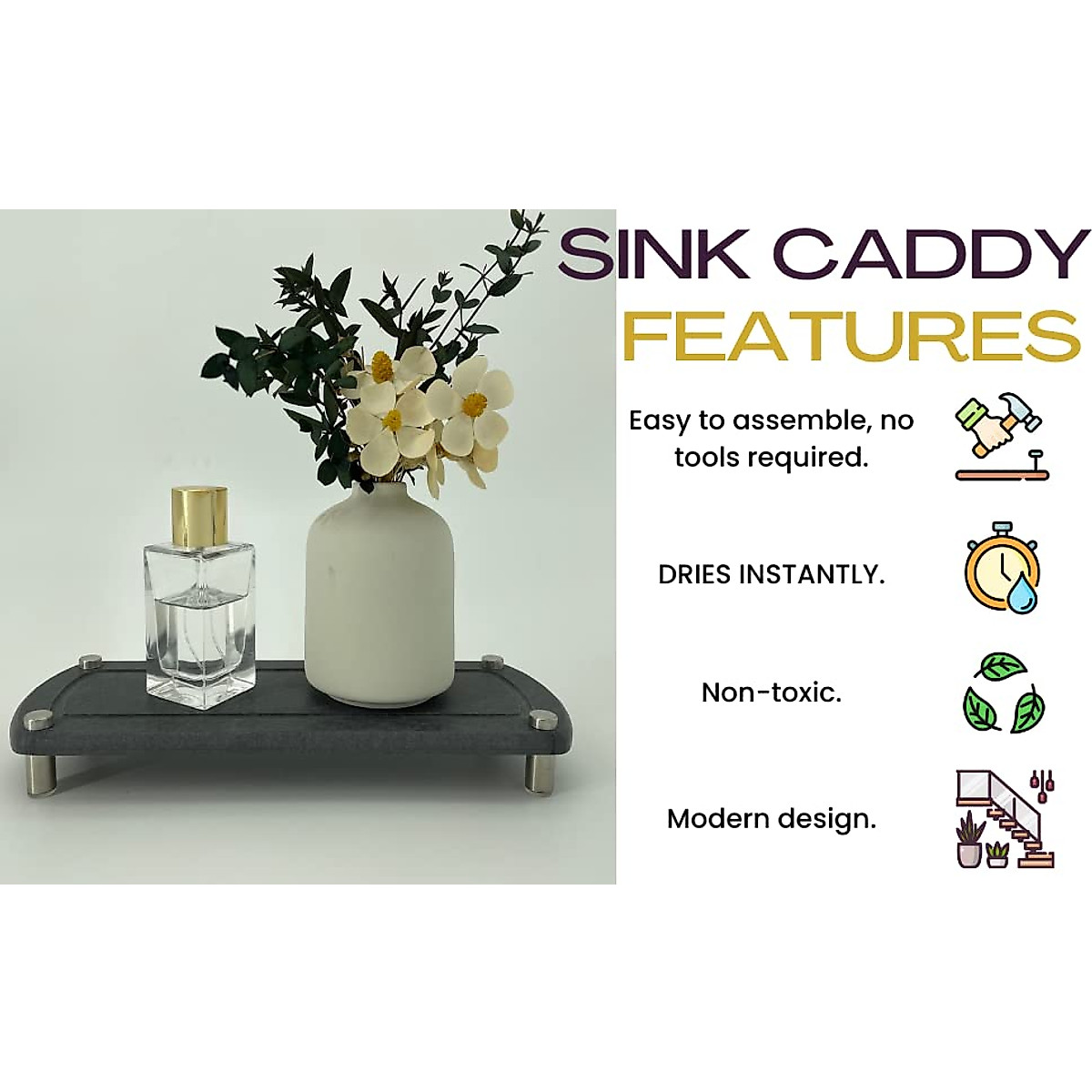 Dunya Home Bathroom Sink Caddy Fast Drying Stone Drying Rack Accessory Organizer Diatomaceous Earth Drying Rack Sponge Bottle Soap Countertop Organizer Dark Gray