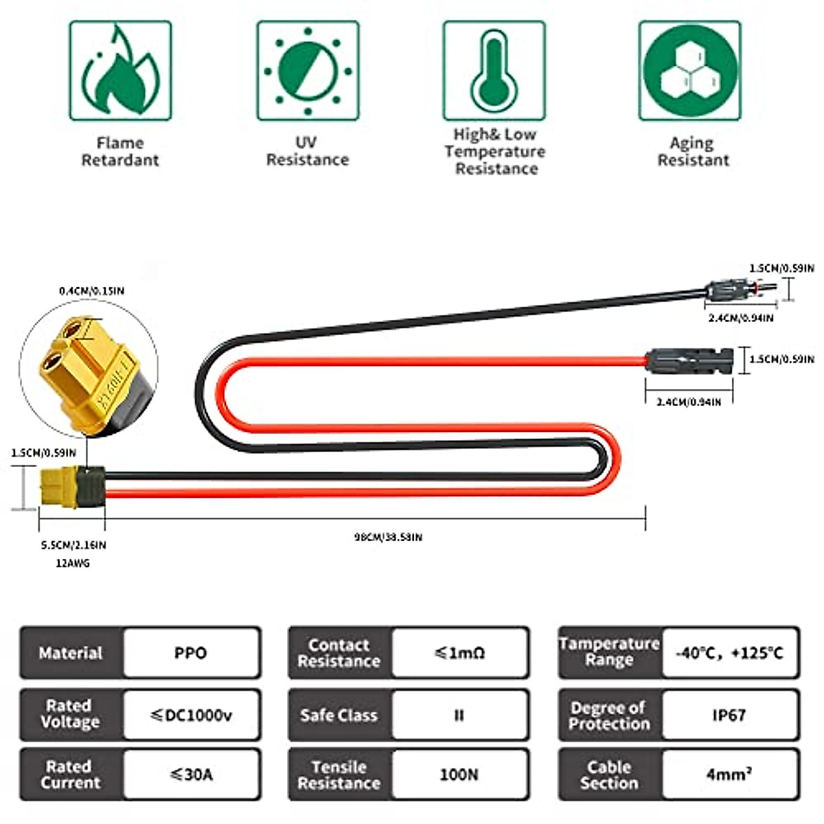 TOPMATTY XT60 Connector Solarpanel Cable,Solar Charge Cable with XT60 Adapter,12AWG 4MM² Solar Panel Cable for Portable Power Station