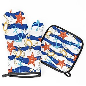 Anchor Starfish Crab Oven Mitts and Pot Holders Sets of 2 Heat Resistant Non-Slip Kitchen Gloves Hot Pads with Inner Cotton Layer for Cooking BBQ Baking Grilling