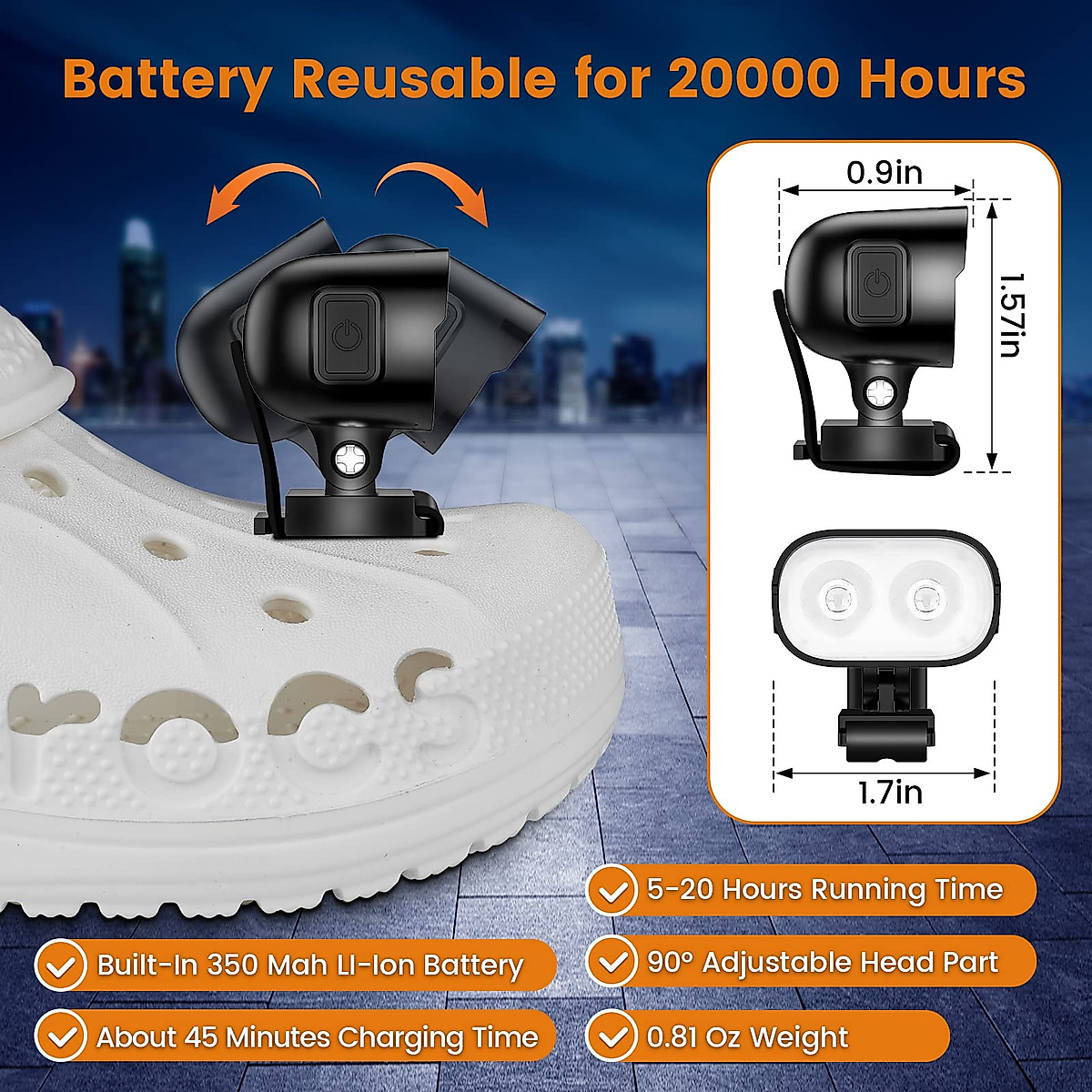 Headlights for Crocs 2 Pcs, ABS Lights for Croc Rechargeable - Super Bright, Head Adjustable, IPX6 Waterproof, Flashlight Attachment for Croc, Light Up Charm Accessories for Kids Adults Croc Shoes