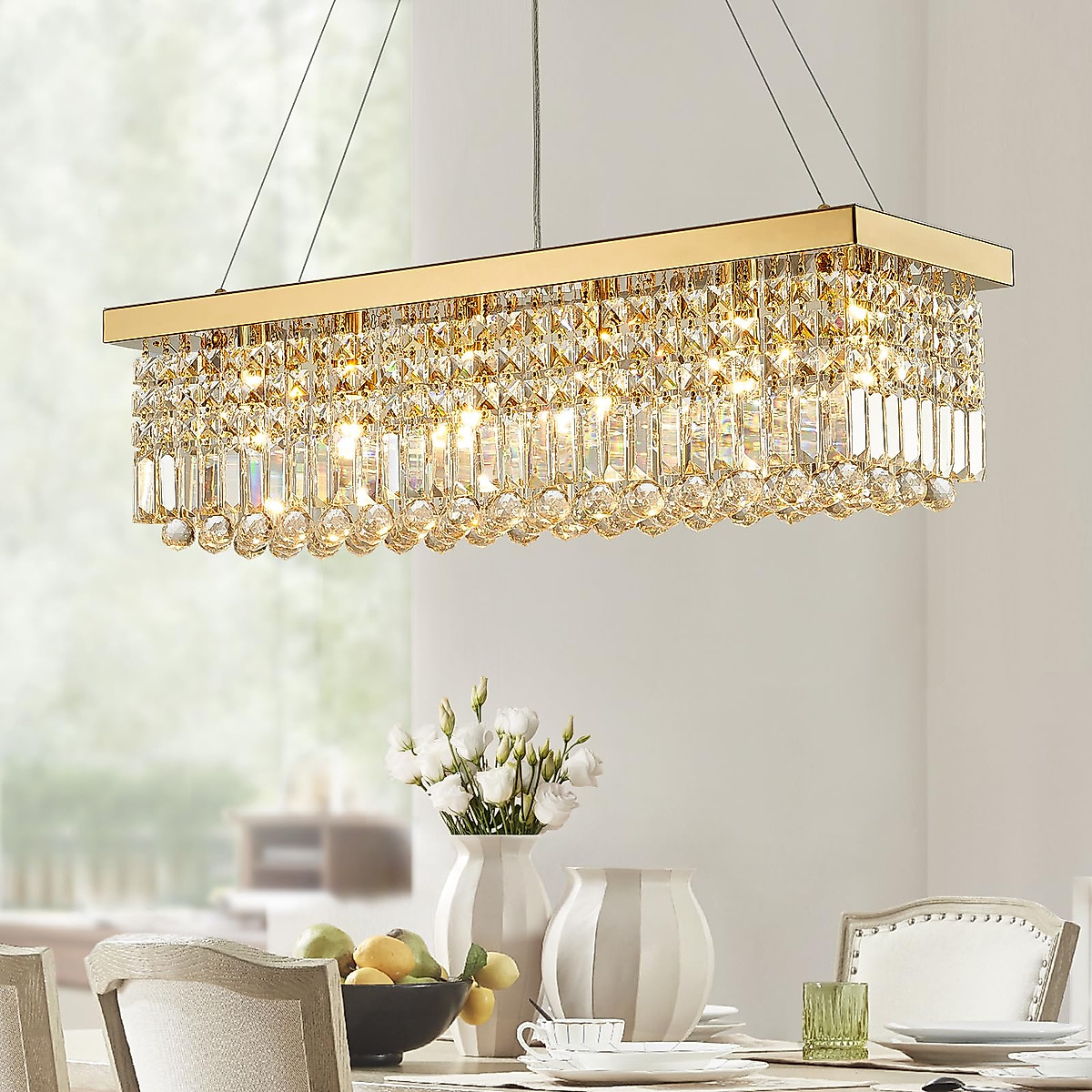 Siljoy 6-Light Modern Crystal Chandelier Rectangular Gold K9 Crystal Raindrop Chandelier for Dining Room, Luxury Adjustable Ceiling Pendant Light for Living Room Kitchen Island L31.5'' x W10'' x H10''