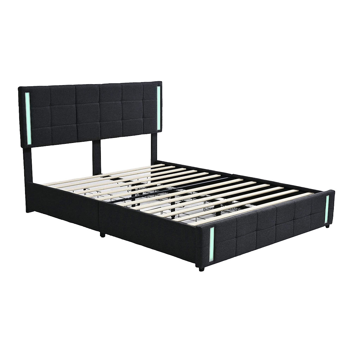 Upholstered Bed with LED Lights and USB Charging, Queen Size Storage Bed Platform Frame with Headboard and 4 Drawers for Bedroom, No Spring Box Required (Dark Gray)