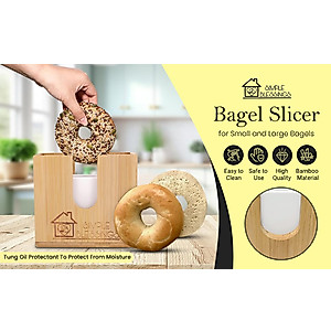 Bagel Slicer for Small and Large Bagels - Bamboo Bread Slicer w/Two Plastic Inserts & Non-Slip Silicone Pad - Adjustable Bagel Cutter Slicer - Moisture Resistant & Thick Base Bagel Holder for Slicing