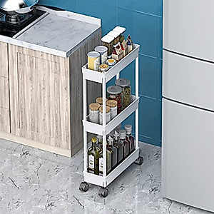 Sooyee 3 Tier Rolling Cart with Wheels,Slim Storage Cart,Narrow Storage Cabinet,Under Desk Storage,Rolling Utility Cart Storage Organizer for Office Bathroom Kitchen Laundry Room Narrow Places, White