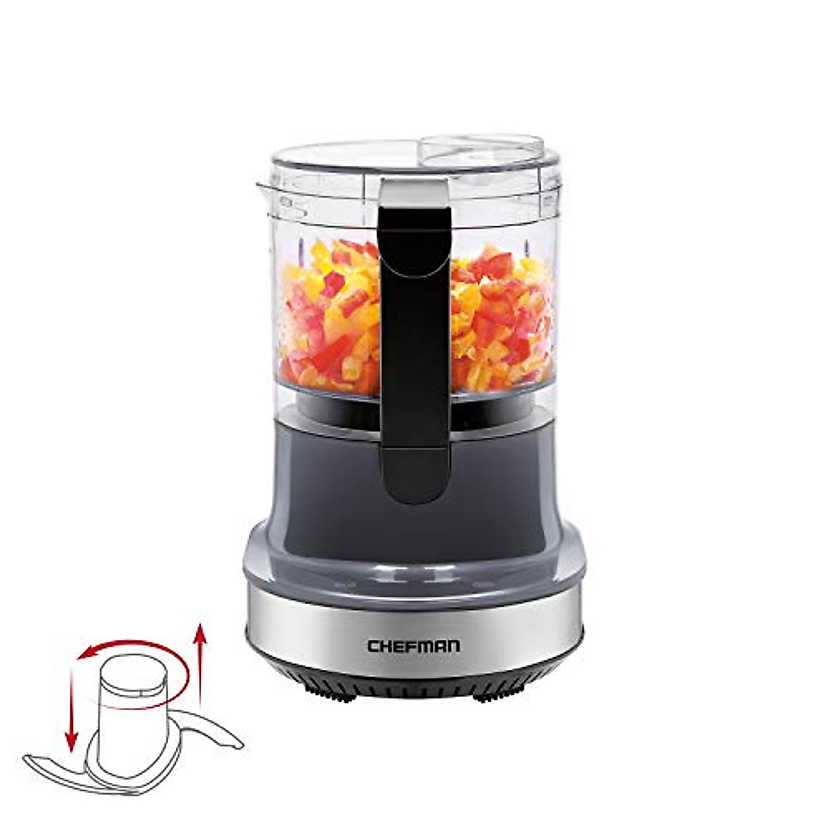 Chefman Electric 4-Cup Food Chopper Blender with Revolutionary Vertical Motion Auto-Chopping for Perfectly Even Mixing Results, Dishwasher-Safe Stainless Steel Dual Blades, BPA-Free Bowl & Lid, Grey