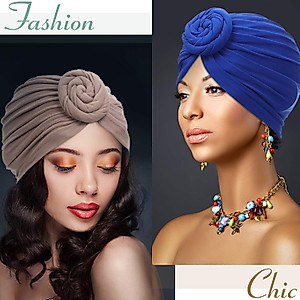SATINIOR 6 Pieces Women African Turban Flower Knot Pre-Tied Bonnet Beanie Cap Headwrap (Black, Royal-blue, Gray, Camel, Purple, Green)