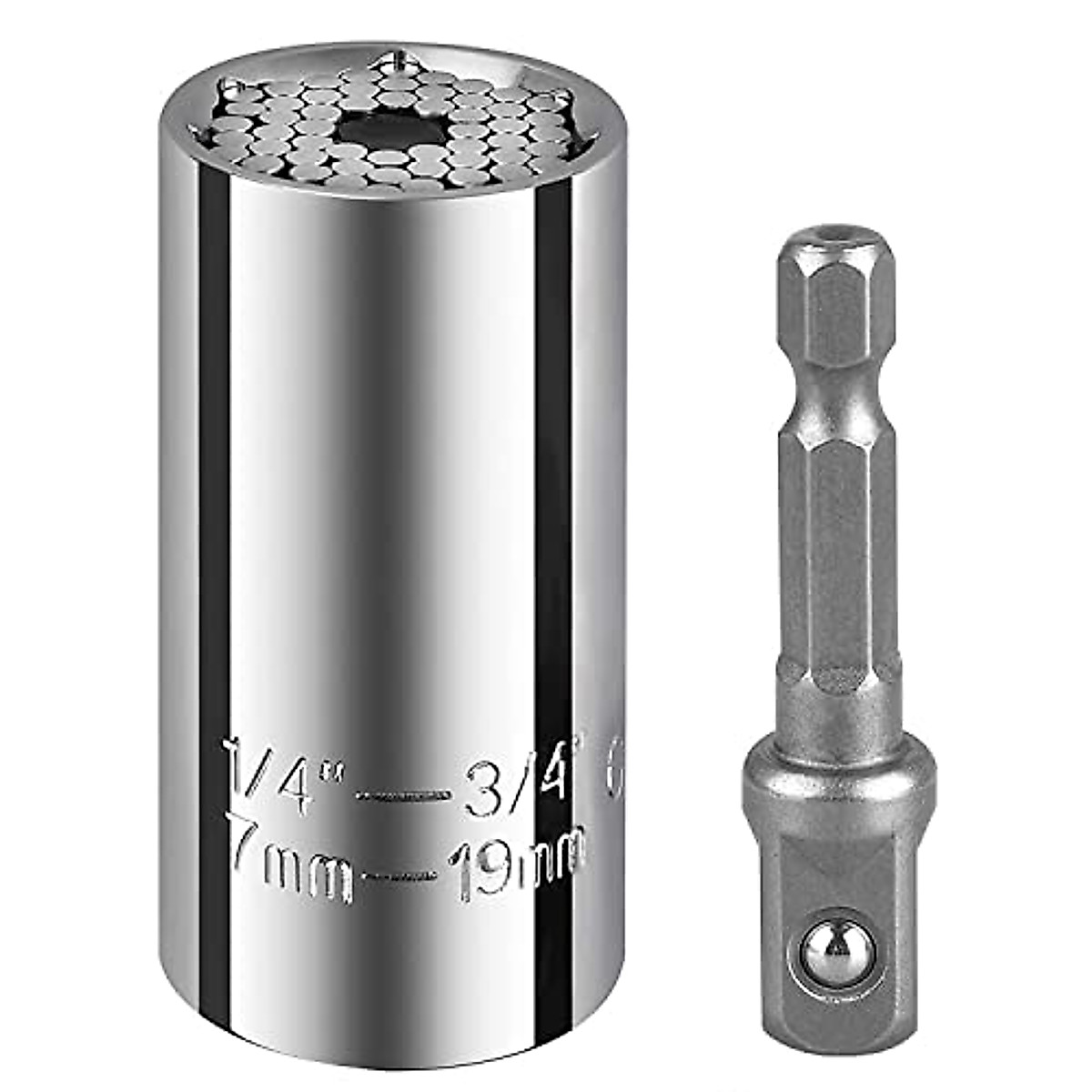 HTWORGRE Universal Socket, 1/4"-3/4" (7mm to 19mm) Ratchet Universal Socket Set with Wrench Power Drill Adapter - Best Tool Present for Handyman Men Husband Father Boyfriend Him (Silver)
