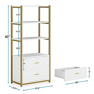 Tribesigns Bookcase, 4-Tier Bookshelf with 2 Drawers, Etagere Standard Book Shelves Display Shelf for Home Office (Gold/White)