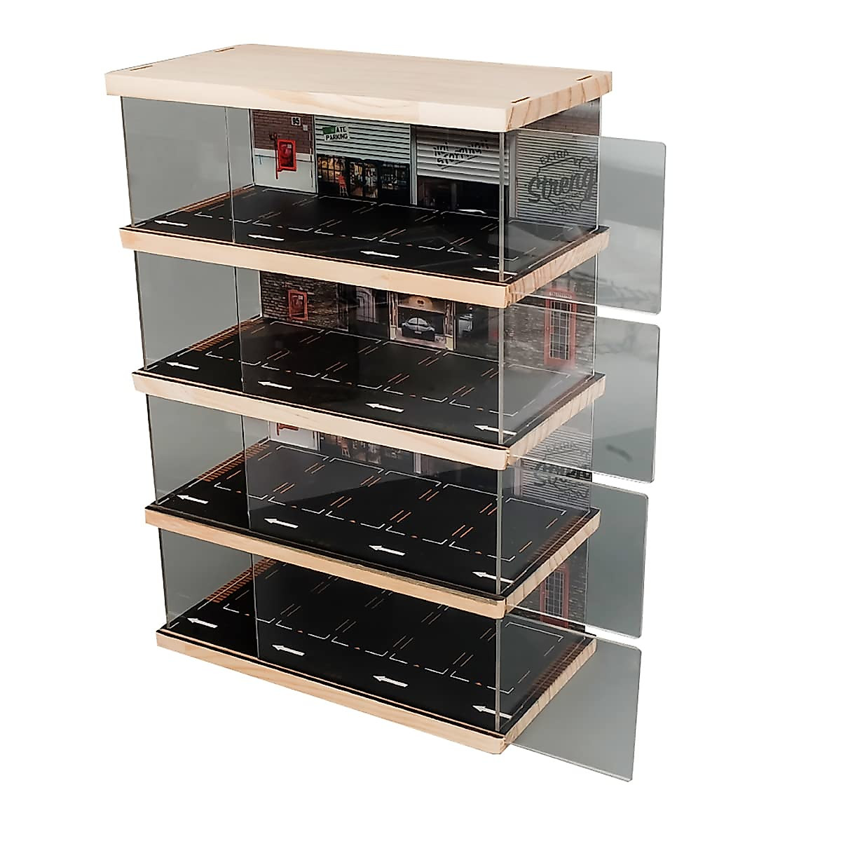 kivcmds 1:64 Scale 4-Tiers Vehicle Model Display Case for Sports Car and Lego Model Collectors, Display Stand for Alloy Car Model Toy with Parking Lot Scene (4-Tiers Auto Repair Store Scene)