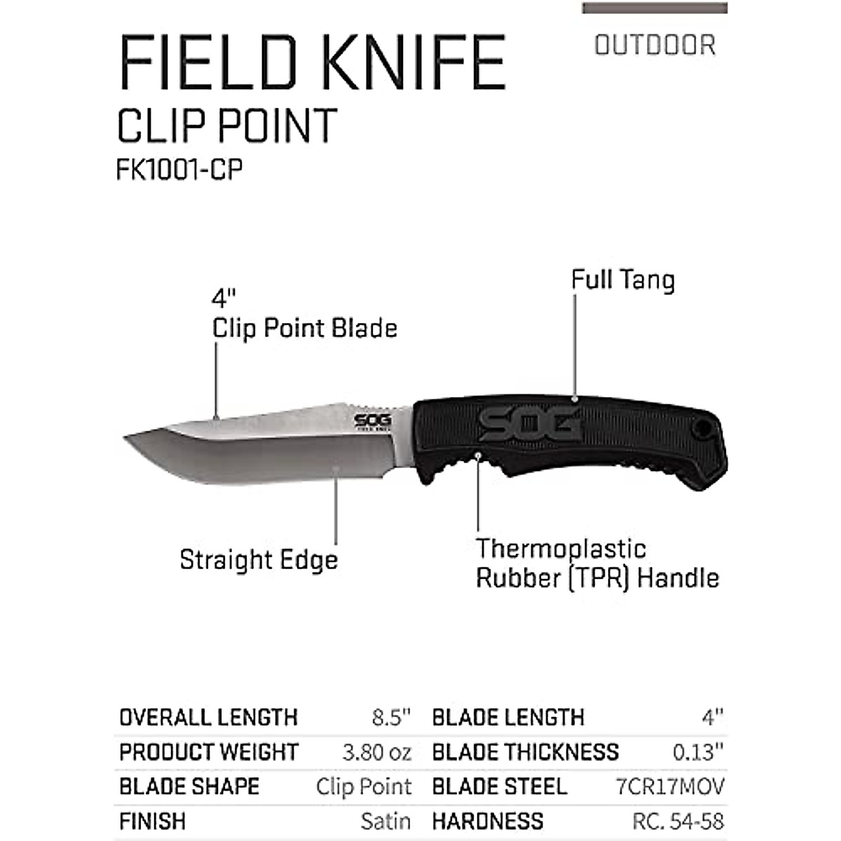 SOG Survival Knife with Sheath - Field Knife Fixed Blade Knives 4 Inch Tactical Knife and Bushcraft Knife w/Full Tang Hunting Knife Blade (FK1001-CP)