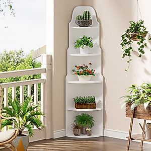 Tribesigns 69" White Corner Shelf, 5-Tier Modern Corner Bookshelf, Small Bookcase Plant Stand Storage Rack with Tower Shape for Living Room, Home Office, Kitchen