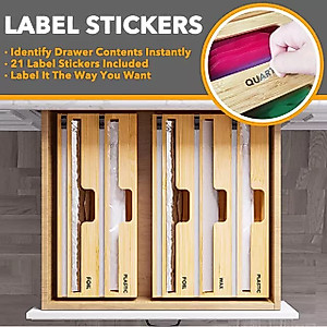 New Size 2 in 1 Wrap Dispenser with Cutter and Labels, Plastic Wrap, Aluminum Foil and Wax Paper Dispenser for Kitchen Drawer, Bamboo Roll Organizer Holder, Size 36cmx8cmx15cm