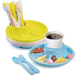 Hedume Set of 8 Toddler Feeding Divided Plates with Fork and Spoon, 4-Compartment Divided Plastic Kids Tray with Deep Sides for Baby, Toddler & Child Feeding, BPA Free, Microwave & Dishwasher Safe