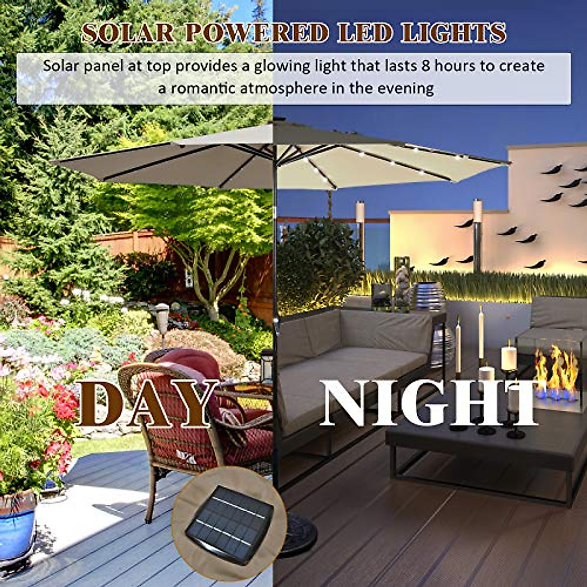 TANGKULA 10FT Solar Powered 24 LED Lighted Patio Umbrella, Table Market Umbrella with Tilt Adjustment and Crank Handle, Outdoor Umbrella with 8 Sturdy Ribs for Garden, Deck, Backyard & Pool (Brown)