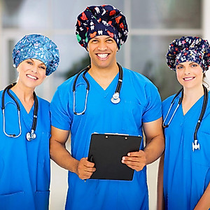 Geyoga 12 Pieces Bouffant Caps for Women Adjustable Tie Back Hats with Button and Sweatband Printed Caps for Men Women (Cute Pattern)