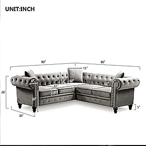 SIYAHOME Sofas & Couches 80 x 80 x 28“ Deep Button Tufted Velvet Upholstered Rolled Arm Classic Chesterfield L Shaped Sectional Sofa 3 Pillows Included, Grey, 808028