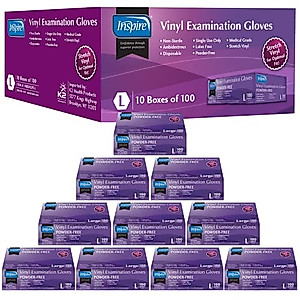 Inspire Exam Grade Powder and Latex Free Stretch Vinyl Gloves, Large, 1000 Count (10 Packs of 100), Yellow (INSSVGPF-L)