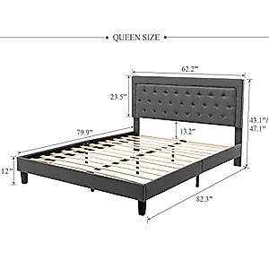 Benevika Queen Size Upholstered Platform Bed Frame with Linen Fabric Button Tufted Headboard, Wood Slat Support, Upholstered Mattress Foundation, No Box Spring Needed, Easy Assembly, Grey