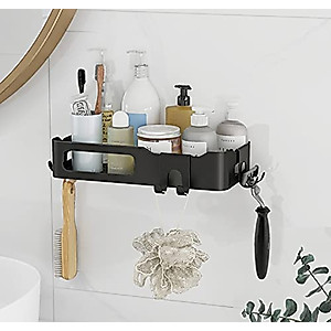 Shower Caddy Stainless Steel Wall-Mounted Storage Rack, with 6 Hooks. Perforation Free, Adhere in Kitchen or Bathroom. Simple Installation, Convenient Use, and Large Capacity.