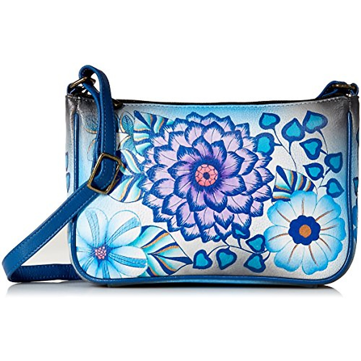 Anna by Anuschka Hand Painted Leather Women's Mini Wide Crossbody, Summer Bloom Blue