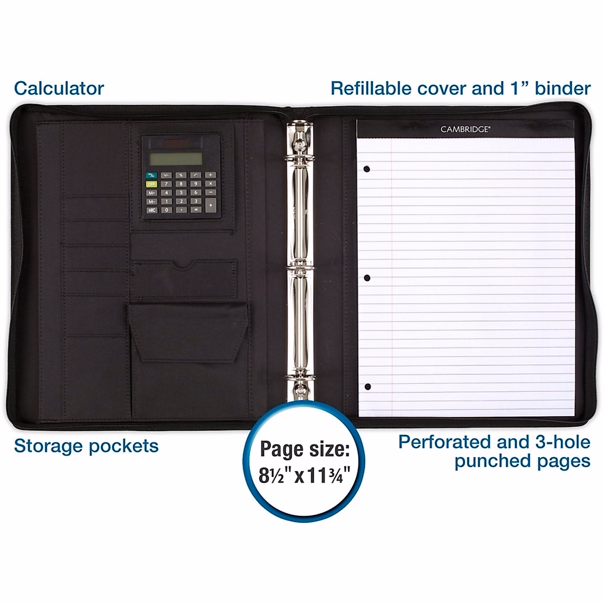 " Mead - Cambridge City Zipper Binder, Microfiber, 12.75"" x 11"", (Assorted Colors)", black