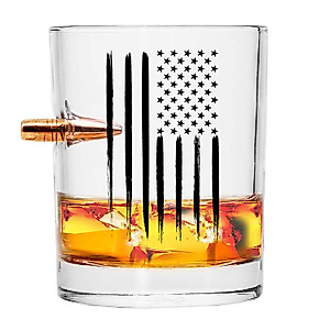 Humutan Real Projectile American Flag Whiskey Rocks Glass – Hand Blown Glasses – 8 Oz Old Fashioned Glass for Scotch, Bourbon or Whiskey – .308 Bullet Whiskey Glass