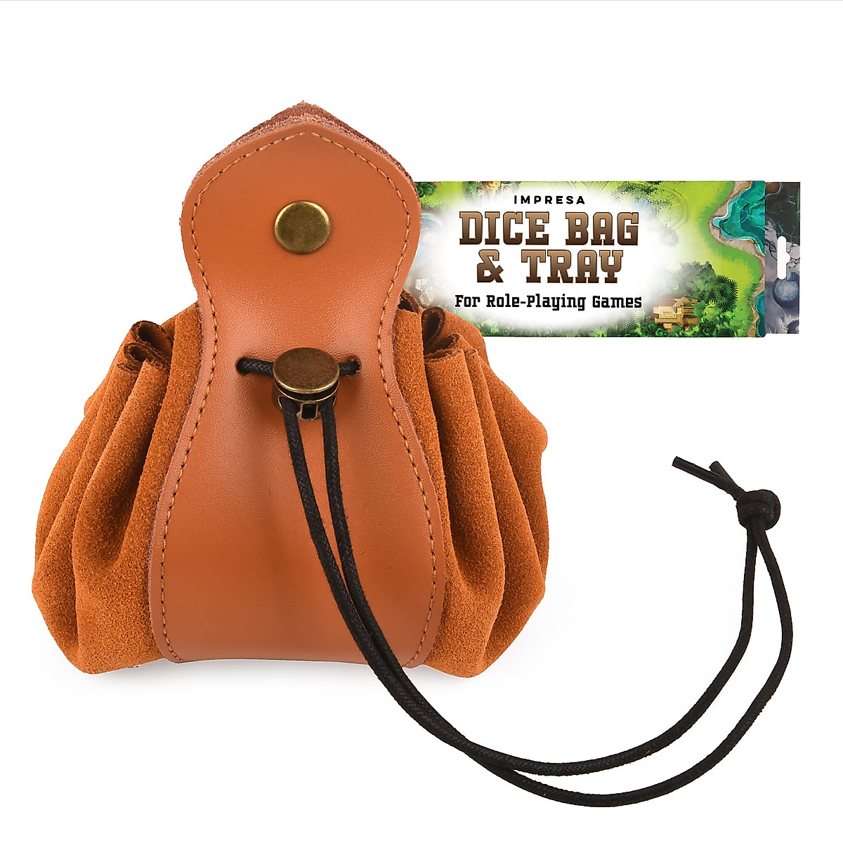 Impresa Store Dice Bag and Tray - Made with Genuine Cowhide Leather - Pull The String to Turn It Into A Bag - Folds Out Into A 10'' Dice Rolling Tray - Versatile Holds More Than Just A Game Dice