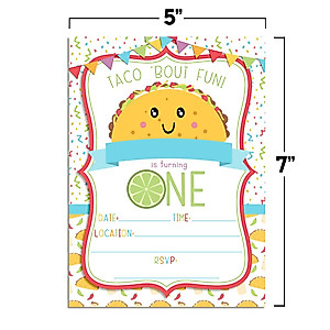 Taco 'Bout Fun Taco Themed First Birthday Fiesta Party Invitations, 20 5x7 Fill In Cards with Twenty White Envelopes by AmandaCreation