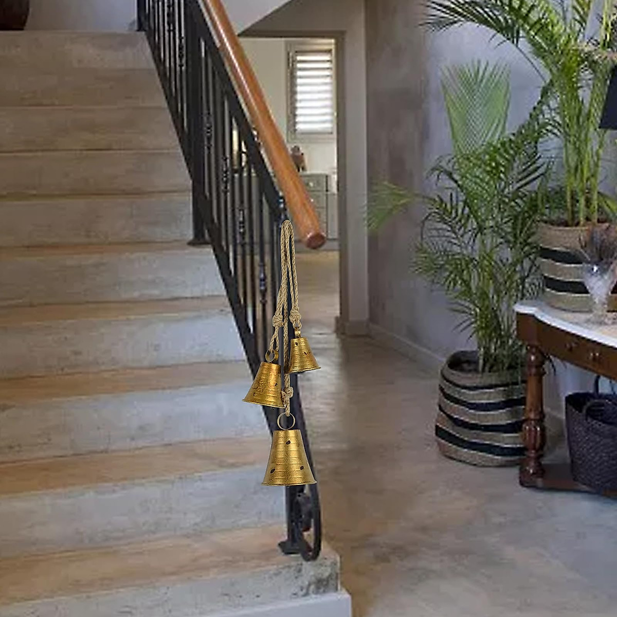 Styleonme Decorative Bells, Christmas Bells, Metal Indoor and Outdoor Blessing Bells, 3-Piece Set of Harmonious Bells, Vintage Handmade and Rustic Lucky Christmas Bells Hanging on a Rope