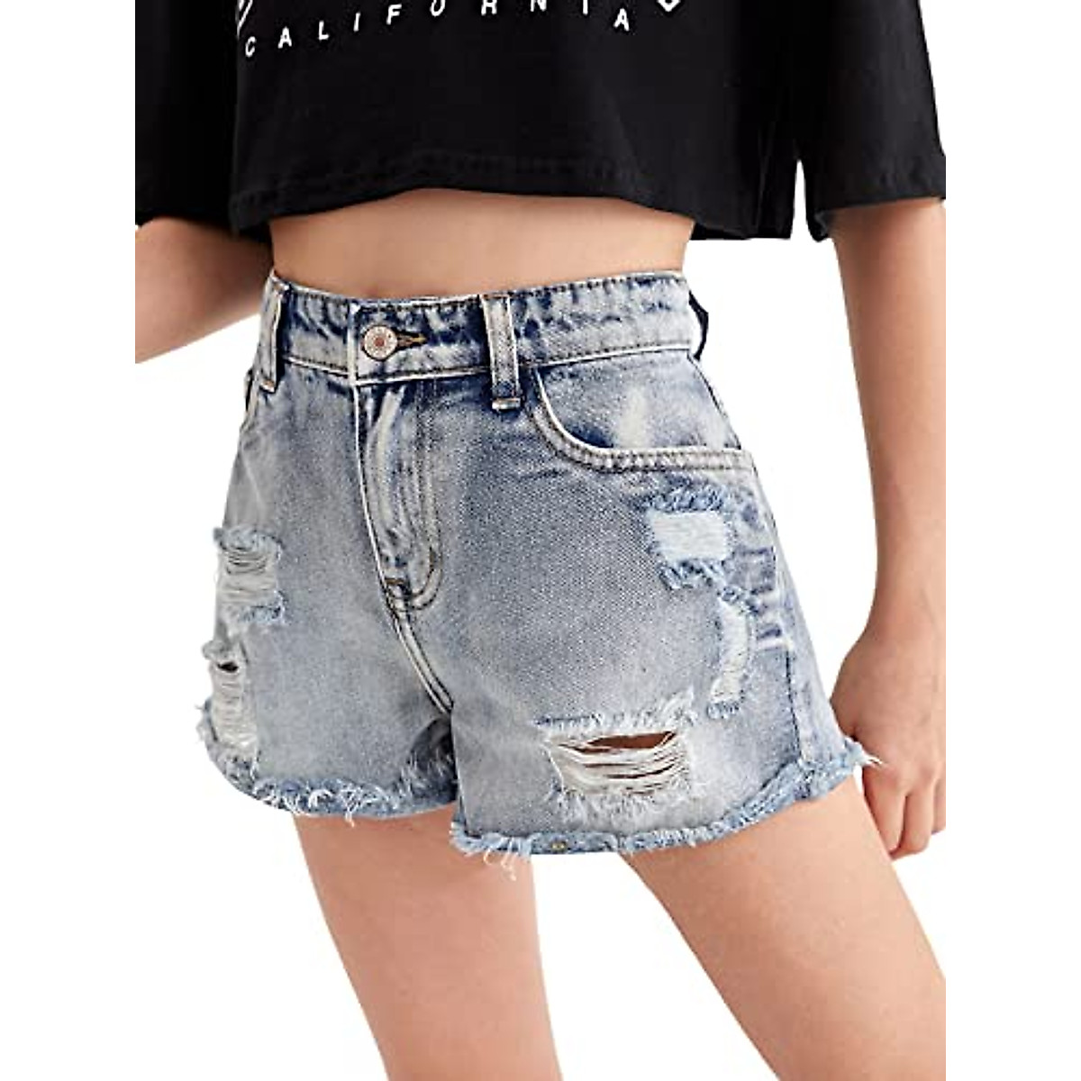 Floerns Girls Ripped Raw Hem Jeans High Waisted Wide Leg Denim Shorts Light Blue 8 Years