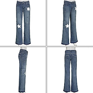 ETATNG Womens Star Print High Waist Baggy Cargo Jeans with Slant Pocket Vintage Y2K Straight Leg Distressed Denim Blue L