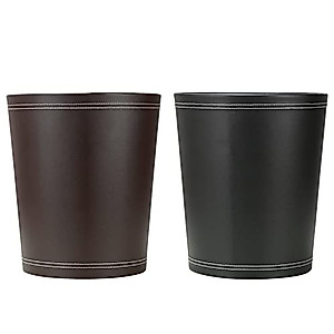 KINGFOM Classic Pu Leather Trash Can Wastebasket, Garbage Container Can for Bathrooms, Powder Rooms, Kitchens, Home, Office and and High Class Hotel Round Brown