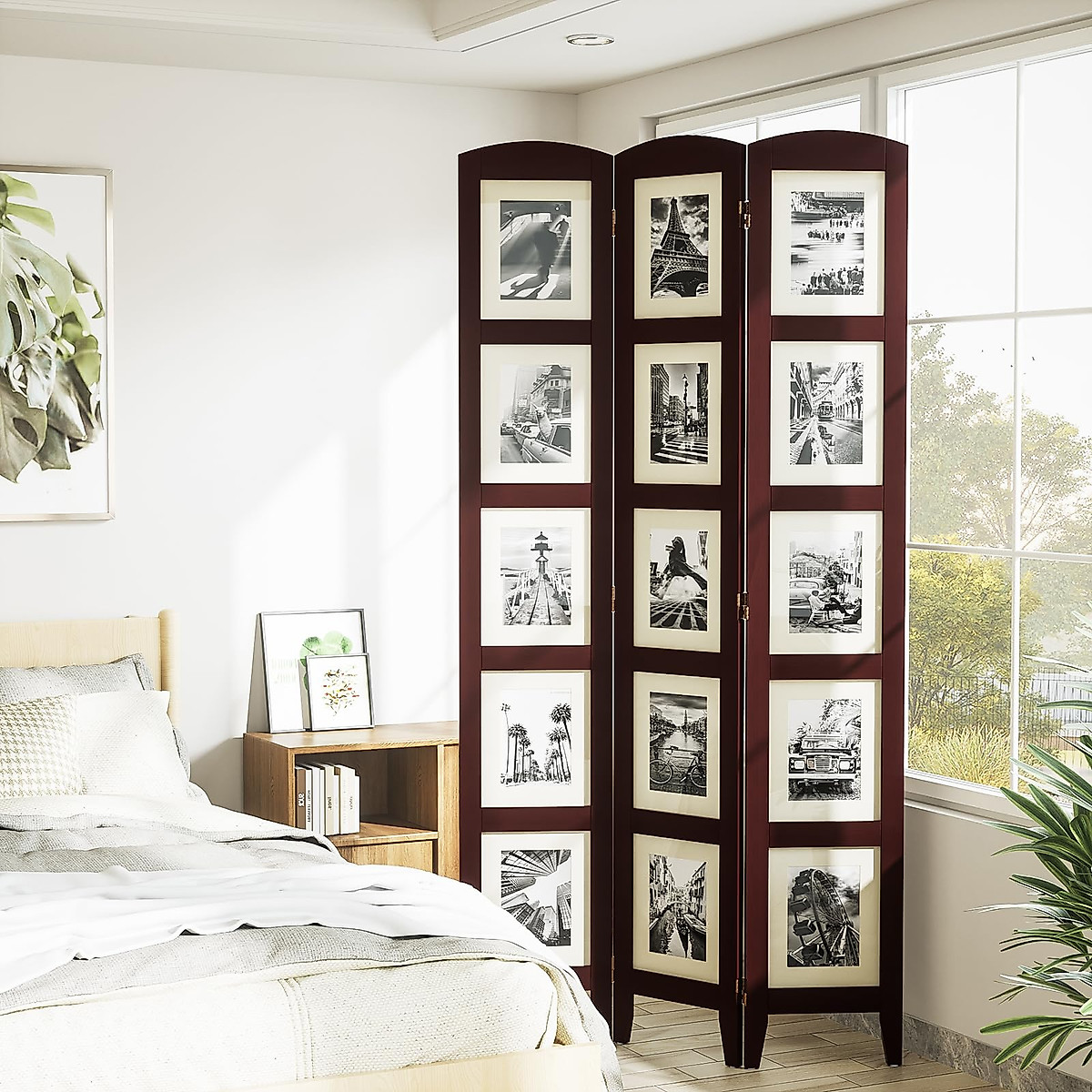 SZQINJI 3 Panel Photo Room Divider Screen, Solid Wood Divider for Room Separation for 8x10 Picture Frame Without Mat for 5x7 Photo with Mat, Walnut