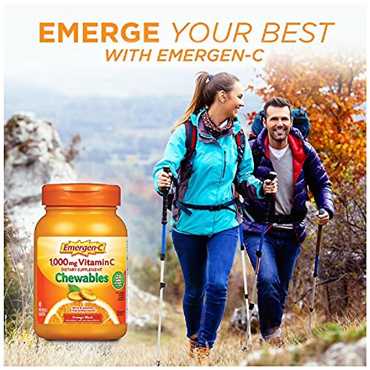 Emergen-C Chewable Vitamin C 1000mg, With B Vitamins And Antioxidants Tablet (40 Count, Orange Blast Flavor), Dietary Supplement