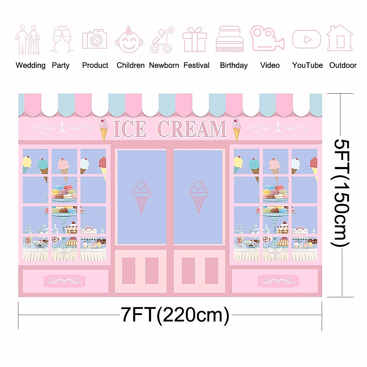 Mocsicka Ice Cream Theme Birthday Backdrop Dessert Shop Girl Background 7X5ft Vinyl Childrens Birthday Party Dessert Table Background Photo Booth Banner Decoration