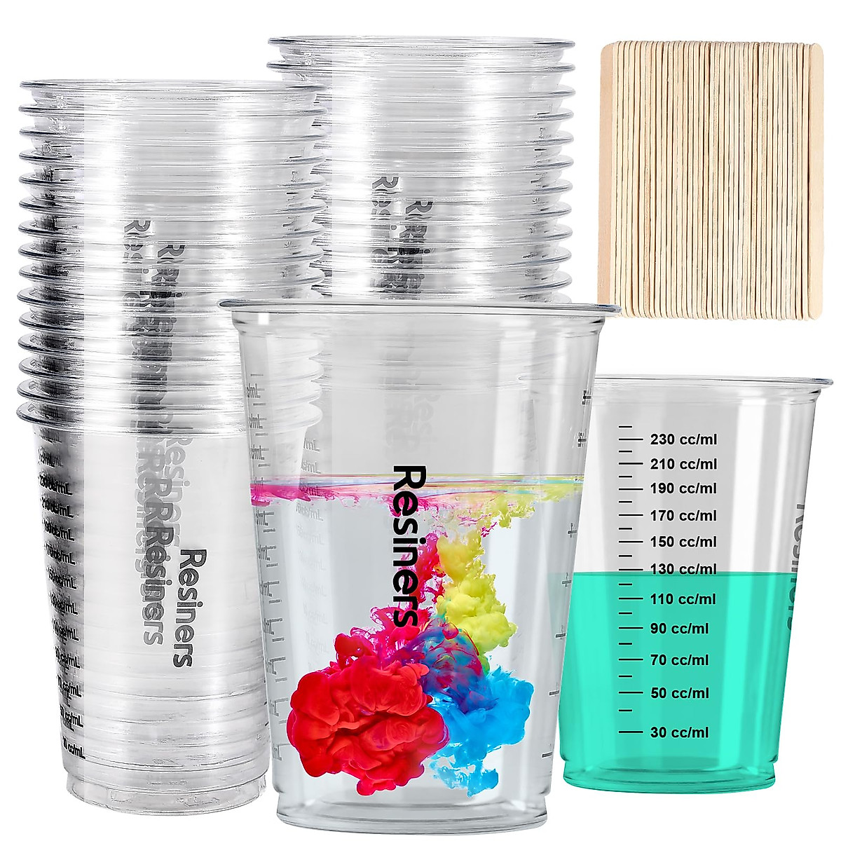 Resiners 30pcs Disposable Epoxy Resin Mixing Cups, Plastic Measuring Cups with 50pcs Wooden Stir Sticks, Mixing Containers for Resins, Paint, Pigments, Art, Kitchen